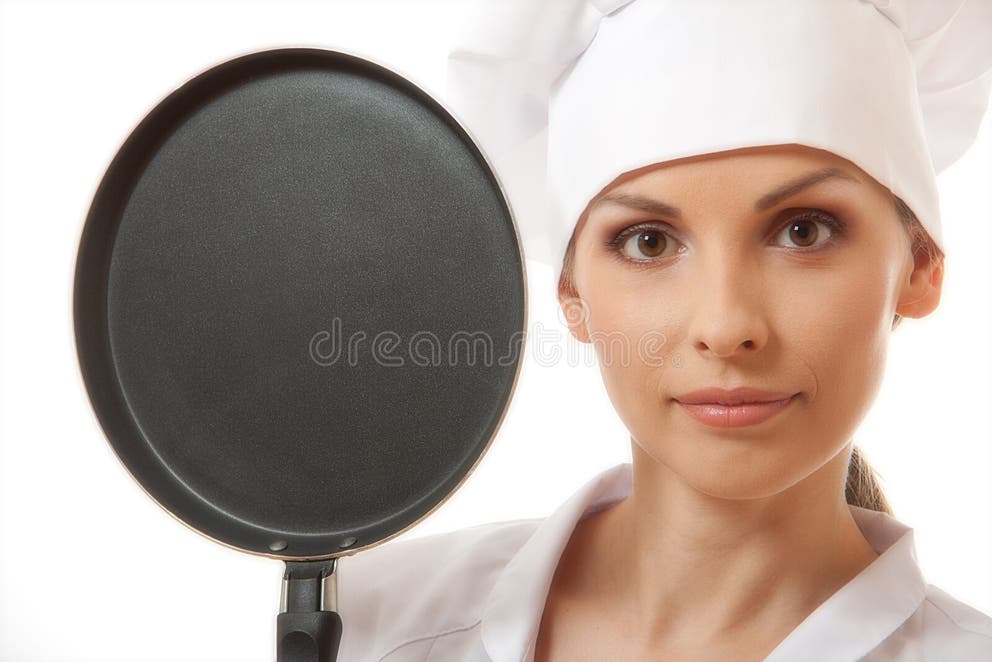 Female Cook / Chef in White Uniform with Pan Stock Image - Image of ...