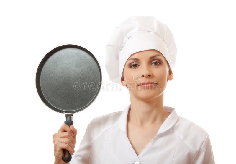 Female Cook / Chef in White Uniform with Pan Stock Image - Image of ...