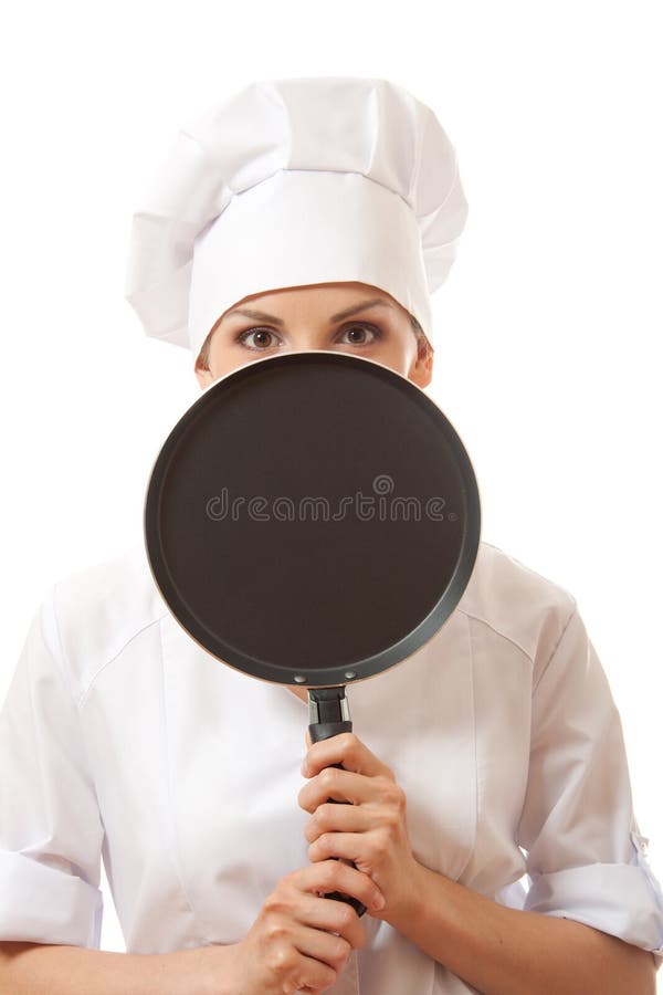 Female Cook / Chef in White Uniform with Pan Stock Image - Image of ...