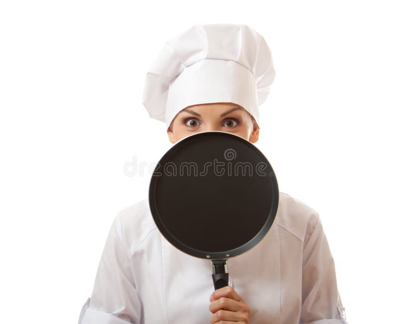 Female Cook / Chef in White Uniform with Pan Stock Image - Image of ...