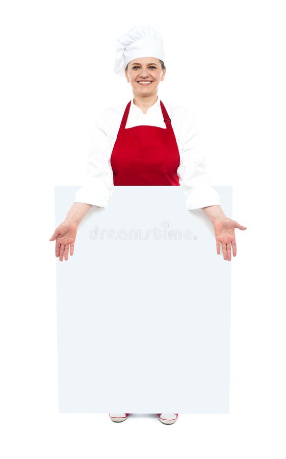 Female Cook Showing White Blank Ad Board Stock Photo - Image of ...