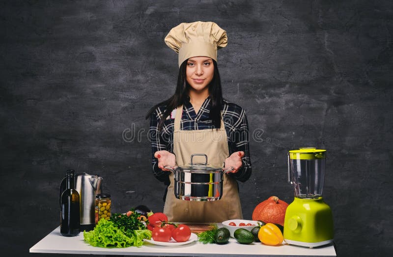Female Cook at the Table Preparing Vegan Meals. Stock Photo - Image of ...