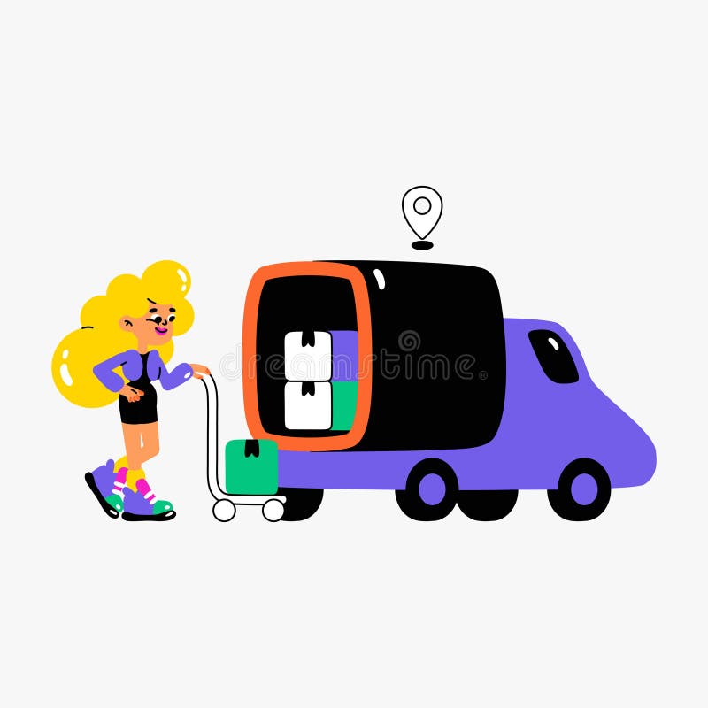 Female Courier Loading Packages into Van in Flat Vector Illustration ...