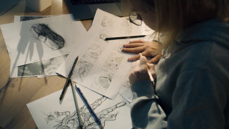 Female Animator Creates Pencil Sketch Works on the Storyboard Creative ...