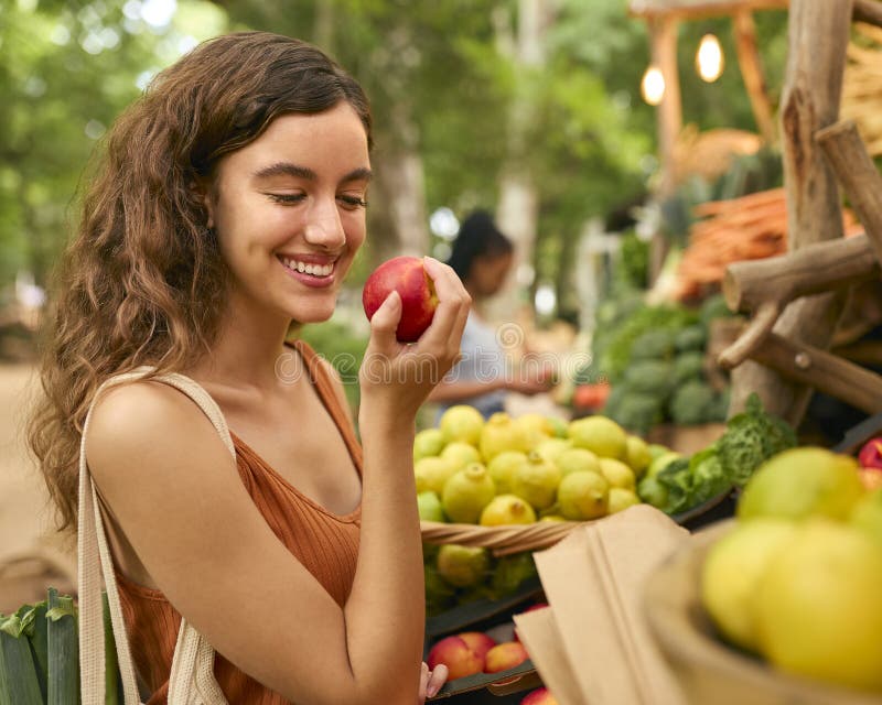 Female Customer at Market Stall Choosing Fresh Fruit and Vegetables ...