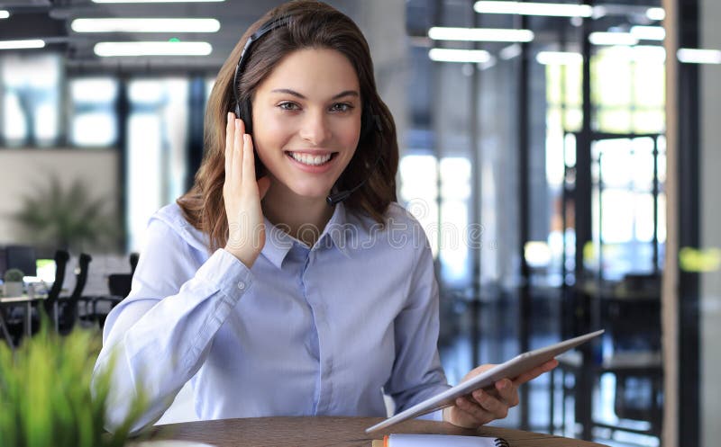 Female Customer Support Operator with Headset and Smiling. Stock Image ...