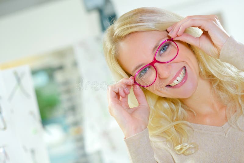 Female Customer Trying Spectacles Stock Image - Image of pretty, glass ...