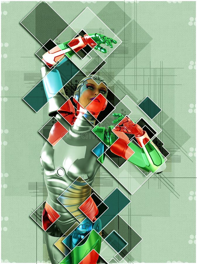 Female Cyborg in Collage Style 3d Illustration Stock Illustration ...