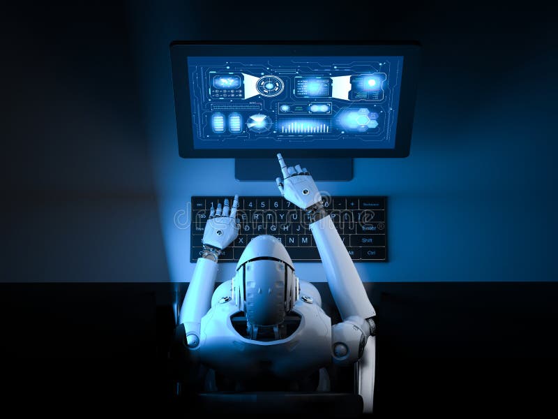 Female Cyborg with Computer Stock Illustration - Illustration of data ...