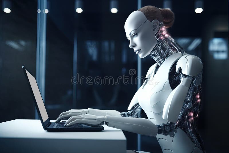 Female Cyborg Robot Working on Notebook Artificial Intelligence ...