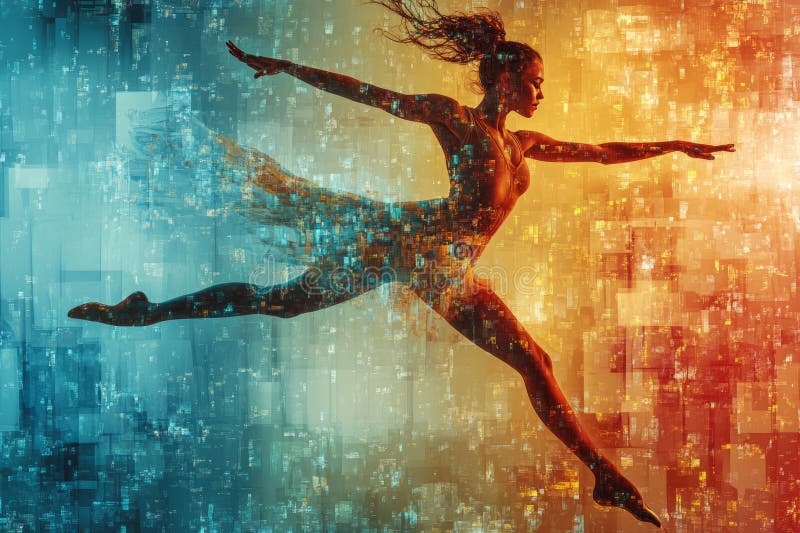 A Dynamic Dancer Leaps through a Vibrant Blend of Blue and Orange ...