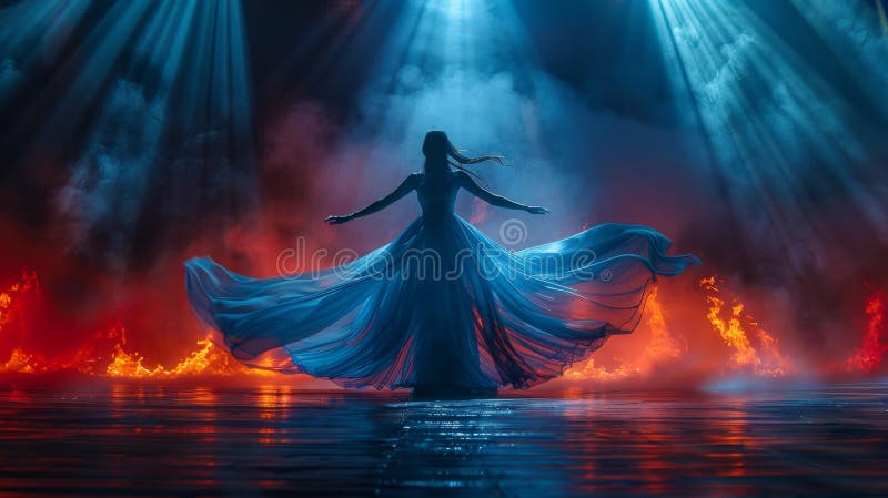 A Female Dancer on Stage with Spotlights and Fire Smokes Stock ...