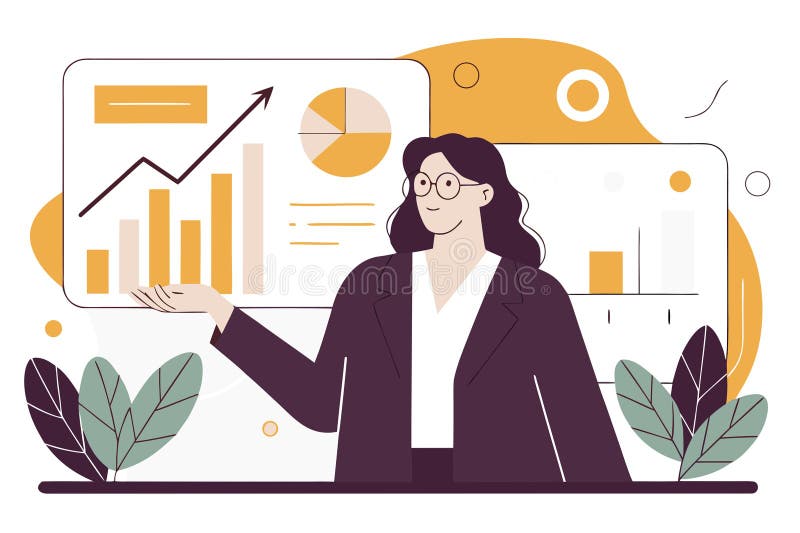 Female Data Analyst Studying Colorful Charts and Graphs Stock Vector ...