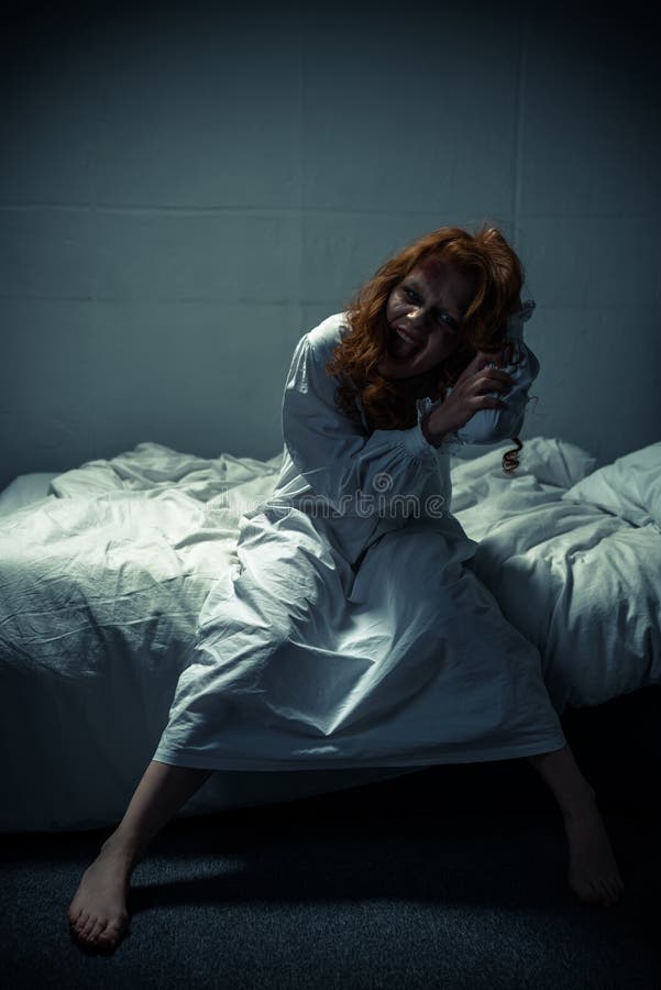 Female Demon in Nightgown Shouting in Stock Photo - Image of dark ...