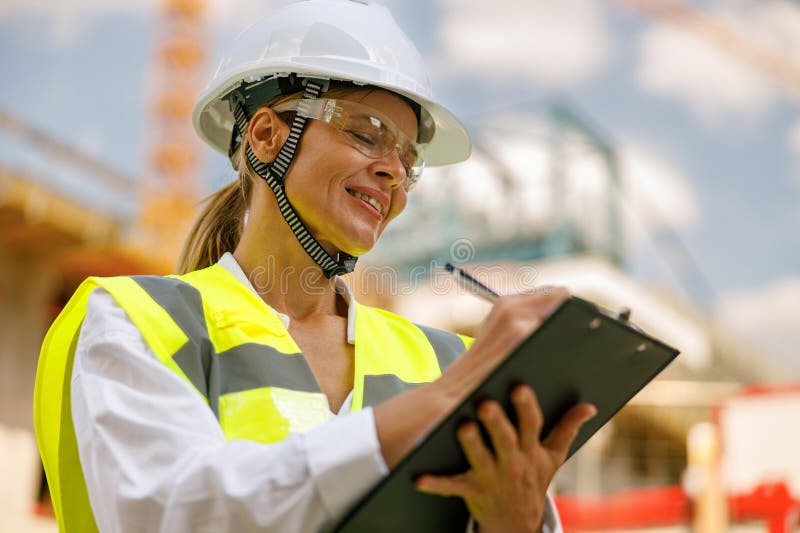 Female Design Architect Making Notes while Examining Building during ...
