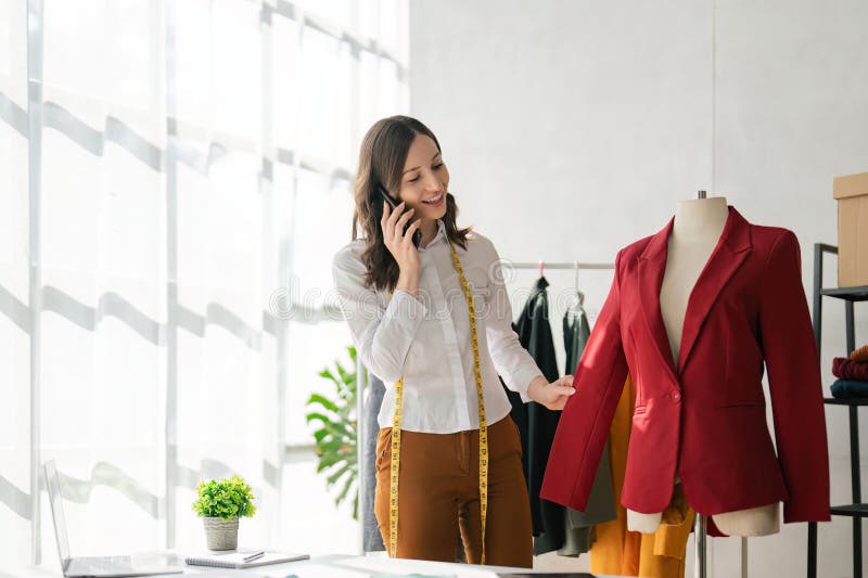Female Design at Work in Her Studio with Working in Office Calling To ...