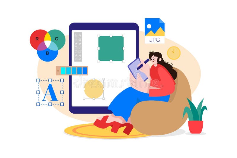 Female Designer Drawing Design with Tablet Stock Vector - Illustration ...