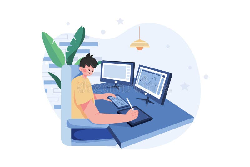 Female Designer Drawing Design with Tablet Stock Vector - Illustration ...