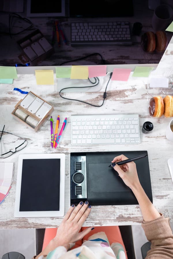 Female Designer Drawing on Graphic Table Stock Image - Image of studio ...