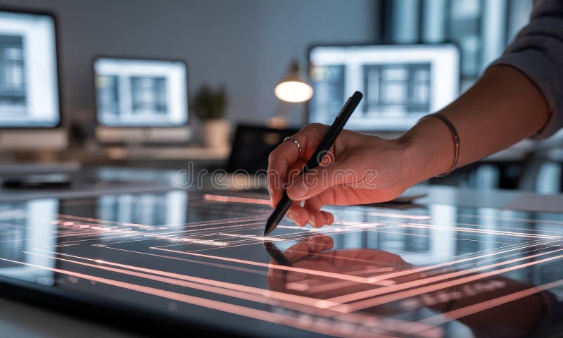 Female Designer Hand Drawing Glowing Architectural Blueprints on a ...