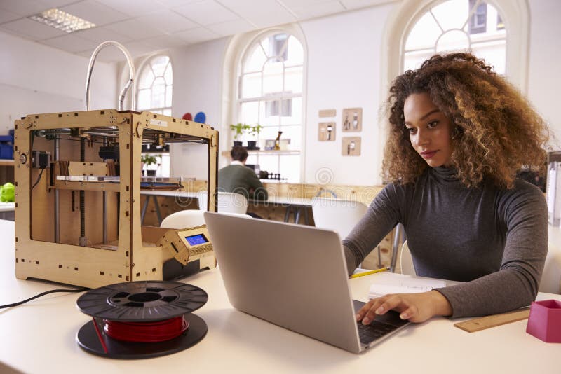 Female Designer Working with 3D Printer in Design Studio Stock Image ...