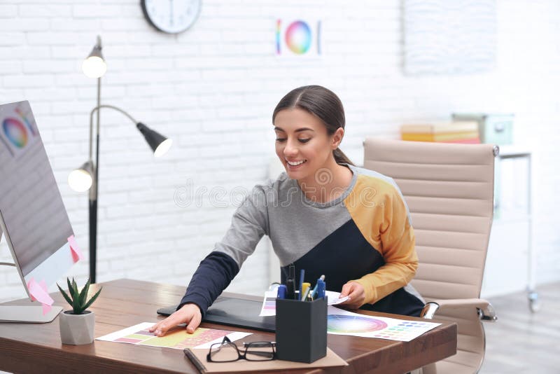 Female Designer Working at Desk Stock Image - Image of digital, desk ...