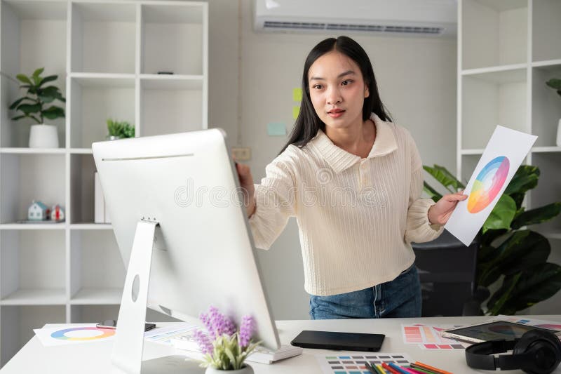 Female Designer Working in Graphic Design on Computer Sit and Choose ...