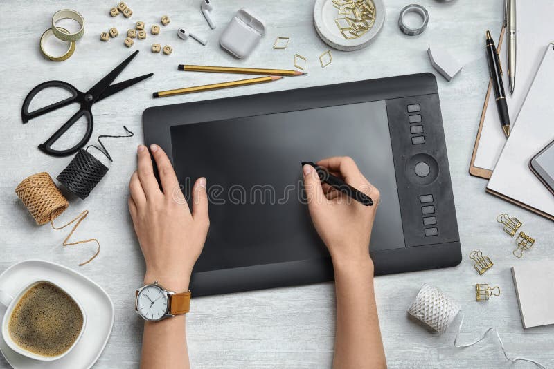 Female Designer Working with Graphics Tablet at Table, Top View Stock ...