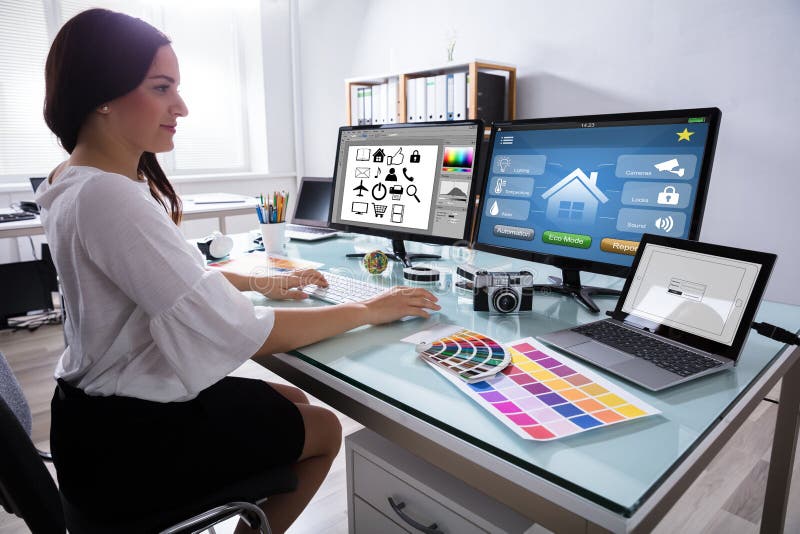 Female Designer Working on Multiple Computer Stock Image - Image of ...
