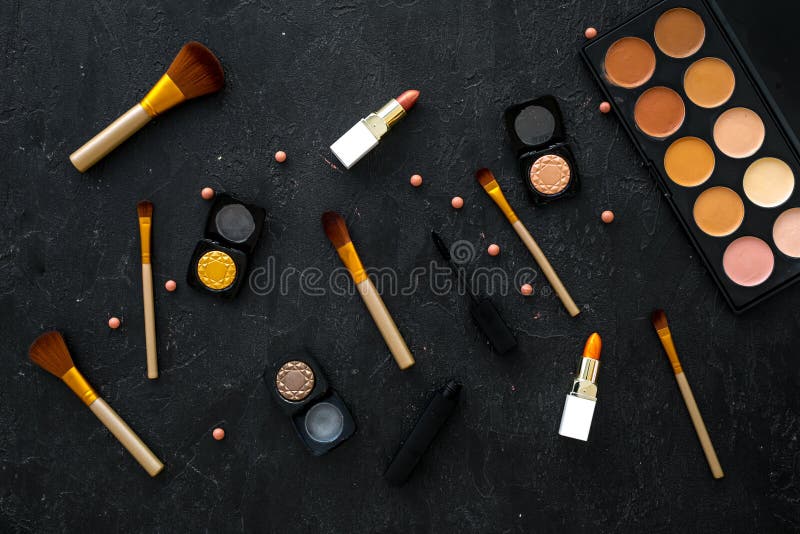 Female Desk with Decorative Cosmetics for Make Up Dark Background Top ...