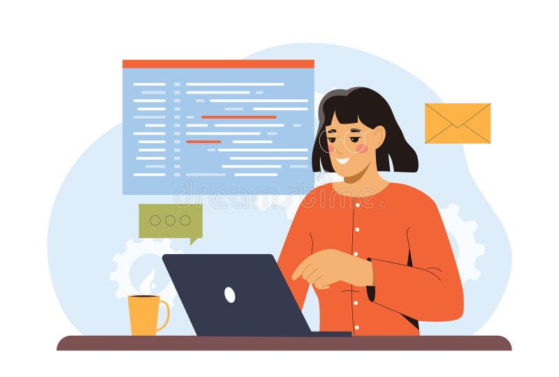 Female Developer Coding at Laptop Desk. Vector Illustration Stock Illustration - Illustration of ...