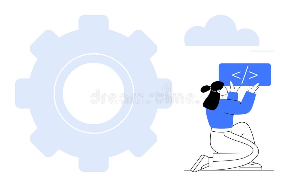 Female Developer Working on Coding Interface Next To Large Gearwheel ...