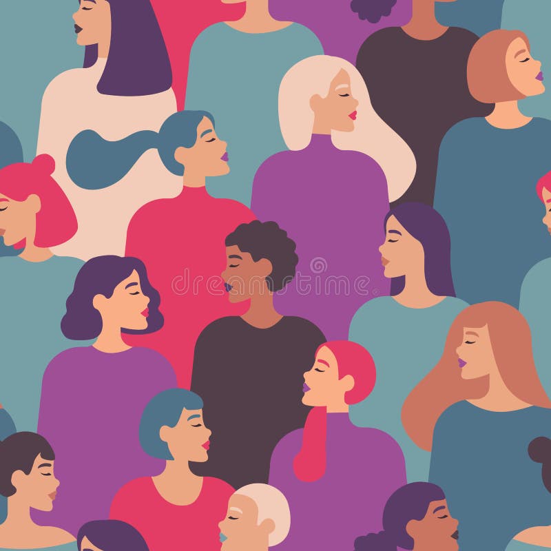 Female Diverse Faces Of Different Ethnicity Vector Seamless Pattern