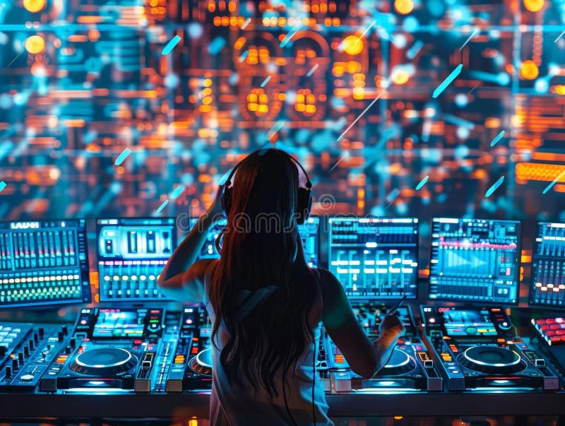 A Female DJ Mixing Tracks in a Hightech Studio, with Virtual Reality ...