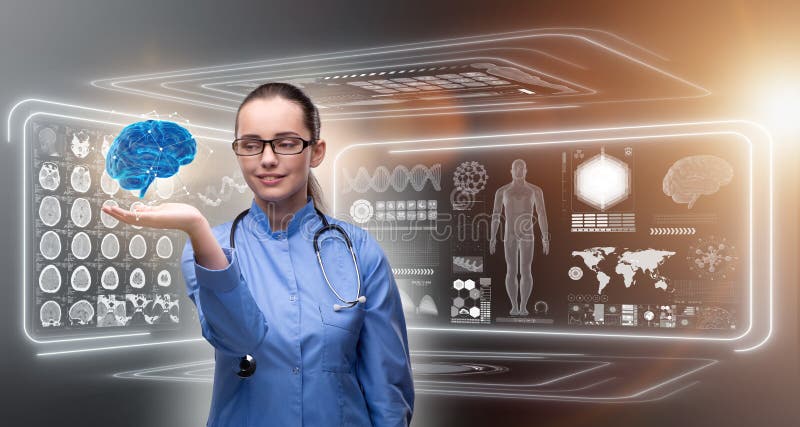 The Female Doctor with the Brain in Medical Concept Stock Photo - Image ...