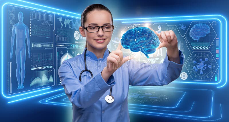 The Female Doctor with the Brain in Medical Concept Stock Photo - Image ...