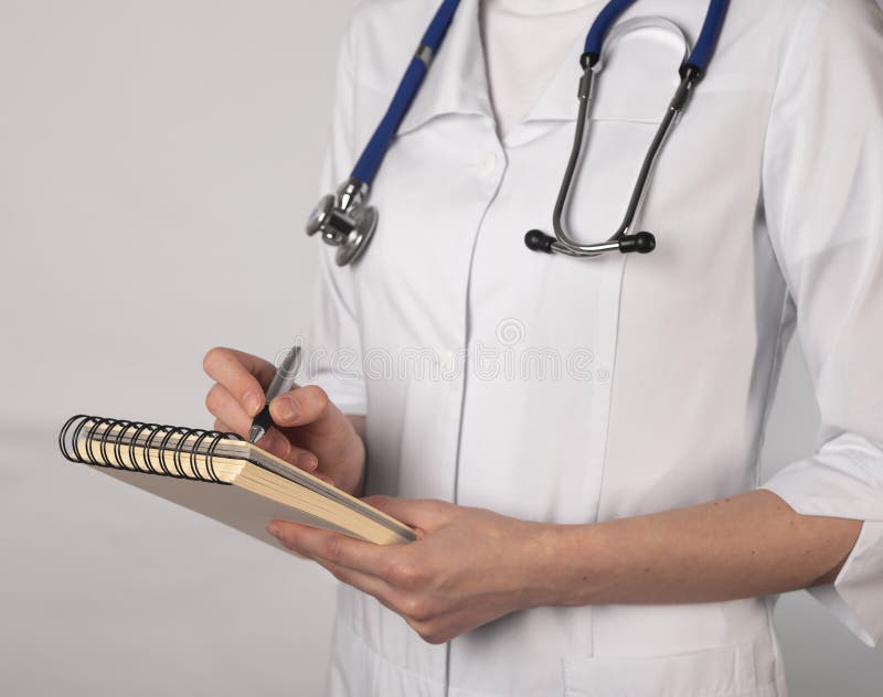 Female Doctor Holding Notepad and Writing Prescription, Side View Stock ...