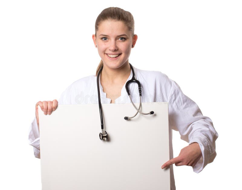 Female Doctor Holding a Sign Stock Photo - Image of sign, pointing ...