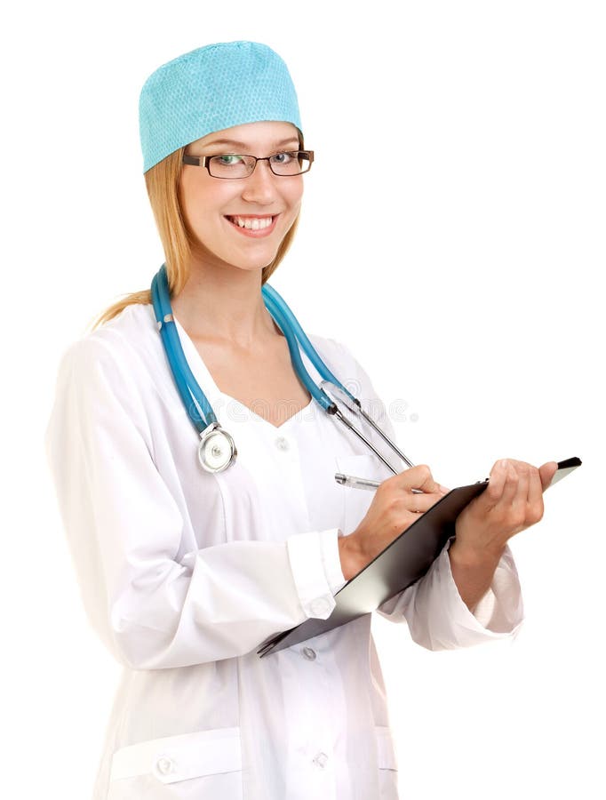 Female Doctor or Nurse with Stethoscope Writing in Note Pad Stock Photo ...