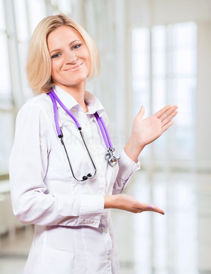 Female Doctor Showing Empty Hands Stock Photo - Image of instrument ...