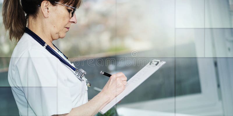 Female Doctor Taking Notes on Clipboard, Geometric Pattern Stock Image ...
