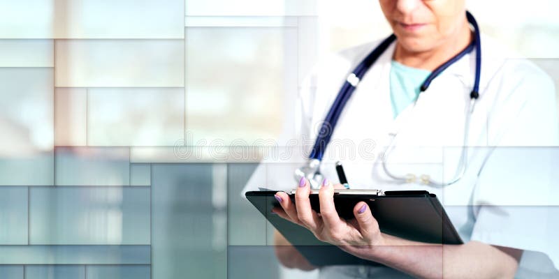 Female Doctor Taking Notes on Clipboard, Geometric Pattern Stock ...