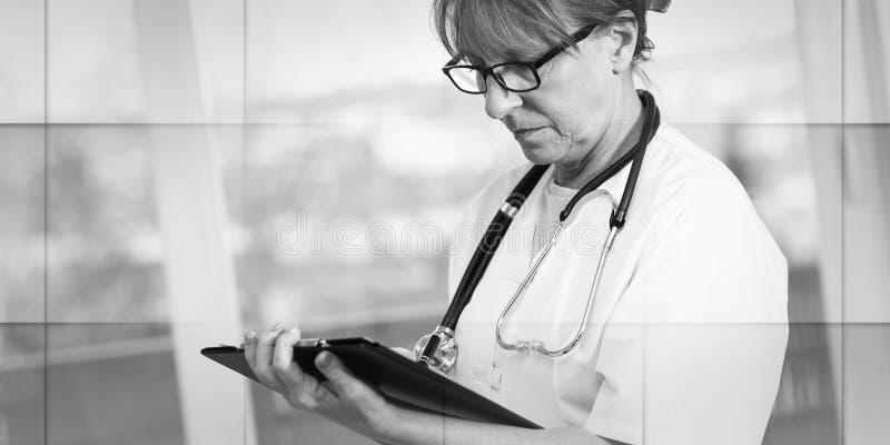 Female Doctor Taking Notes on Clipboard, Geometric Pattern Stock Photo ...