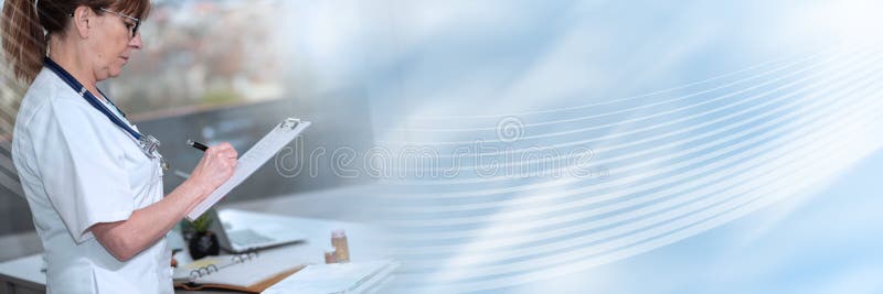 Female Doctor Taking Notes on Clipboard; Panoramic Banner Stock Photo ...
