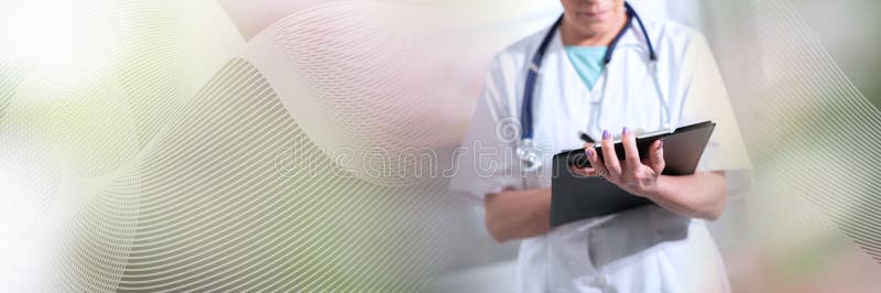 Female Doctor Taking Notes on Clipboard; Panoramic Banner Stock Photo ...