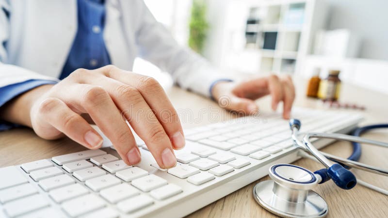Female Doctor Typing on Computer Stock Photo - Image of medicine ...
