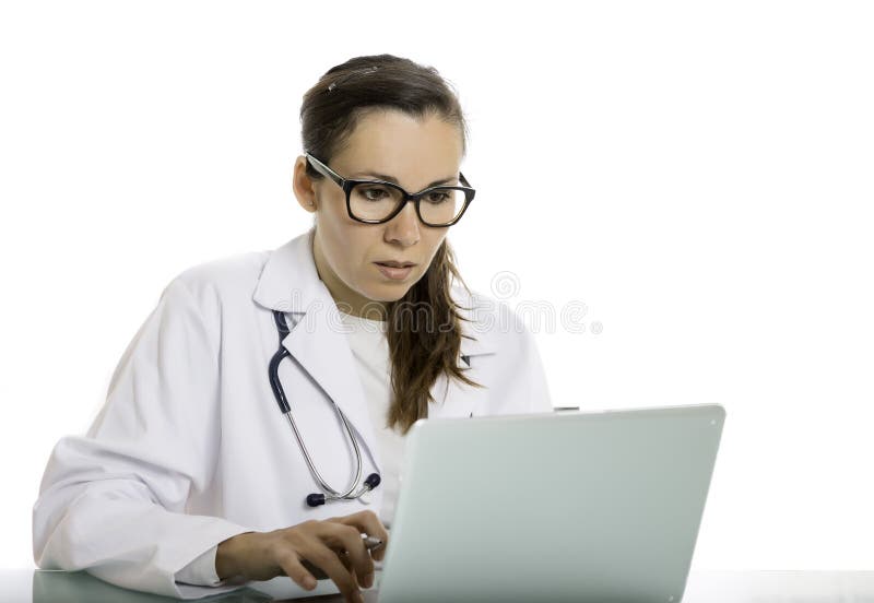Female Doctor Using a Laptop Stock Photo - Image of isolated, adult ...