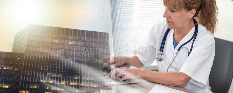 Female Doctor Using Laptop Multiple Exposure Stock Photo - Image of ...