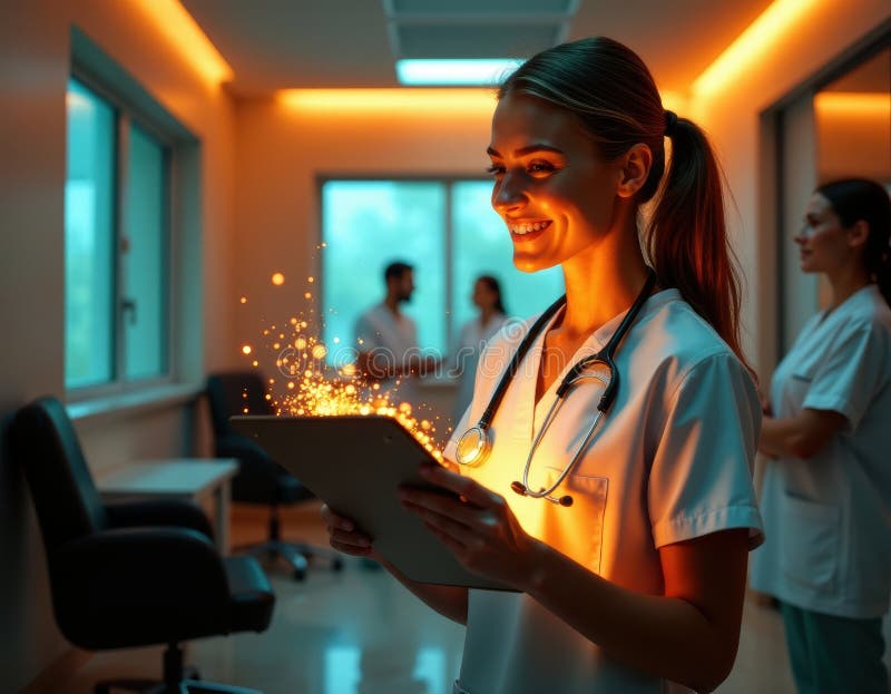 Female Doctor Using Tablet with Magical Glow Stock Illustration ...