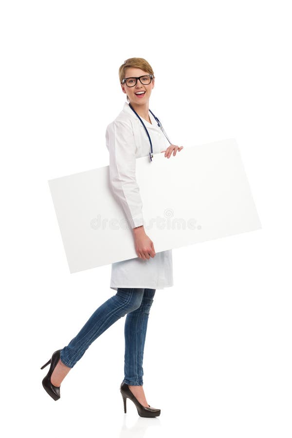 Female Doctor Walking with Banner. Stock Image - Image of length, blond ...